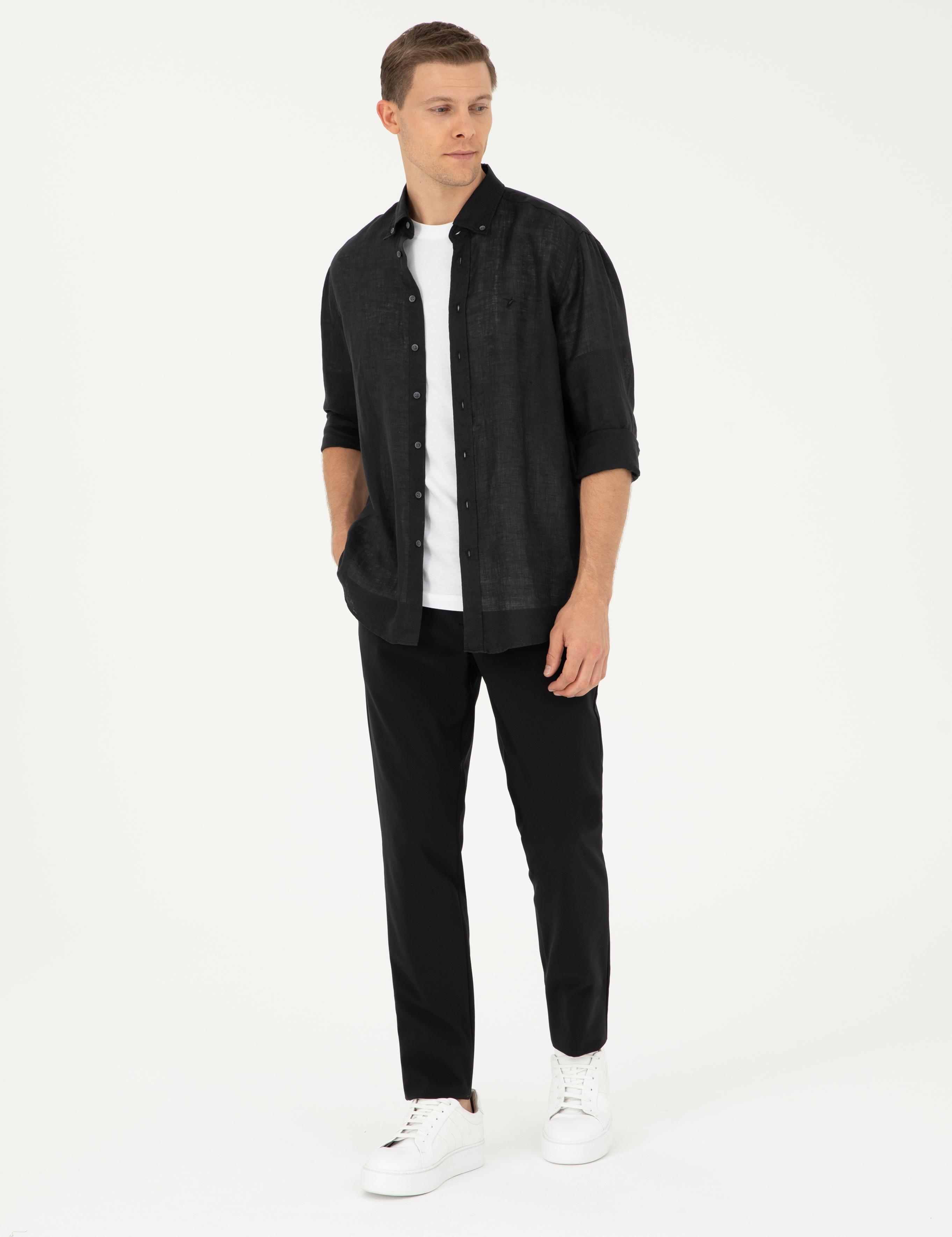 Siyah Slim Fit %100 Keten Gömlek 50284823 | Cacharel