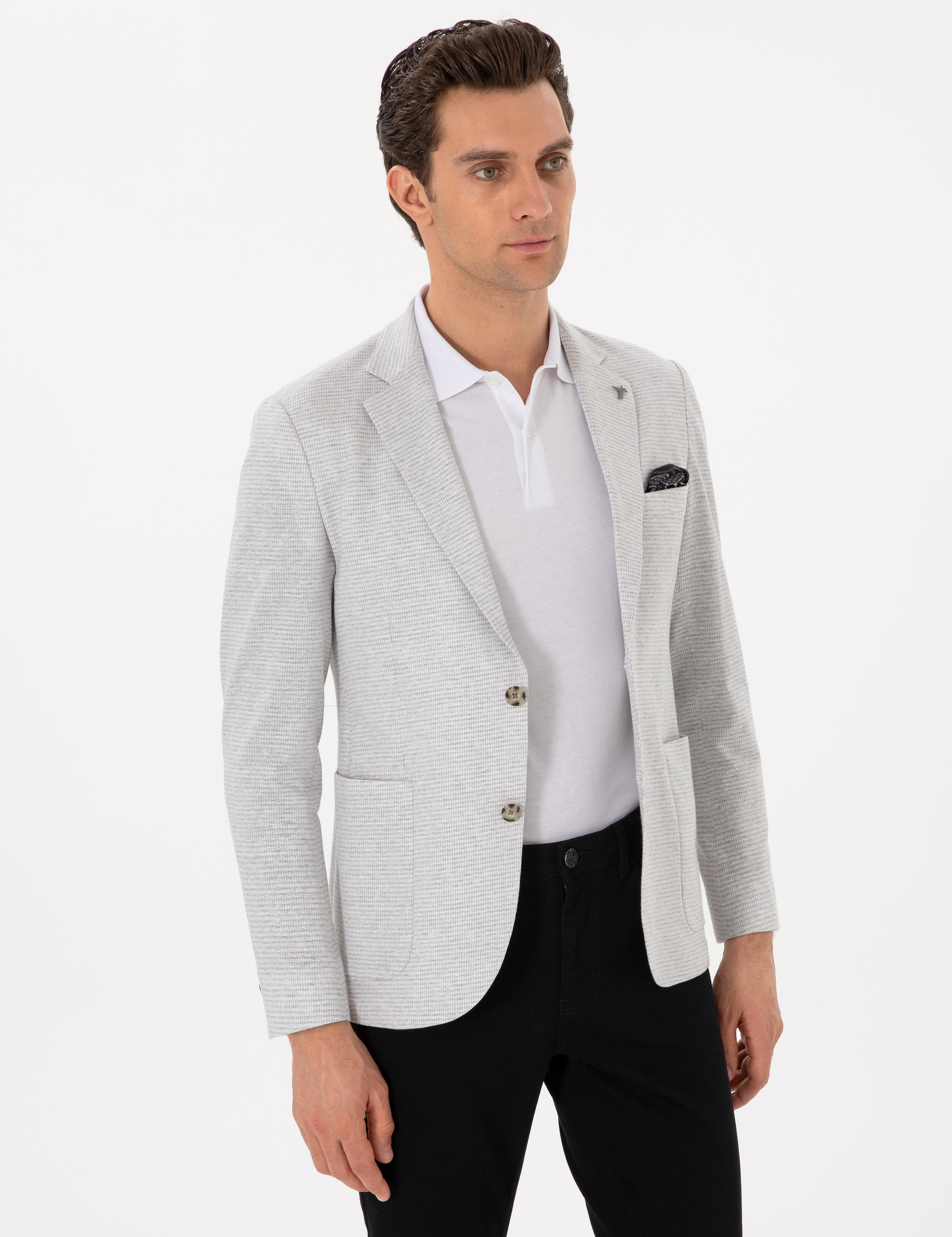 Gri Slim Fit Keten Karışımlı Kaz Ayağı Ceket 50300038 | Cacharel