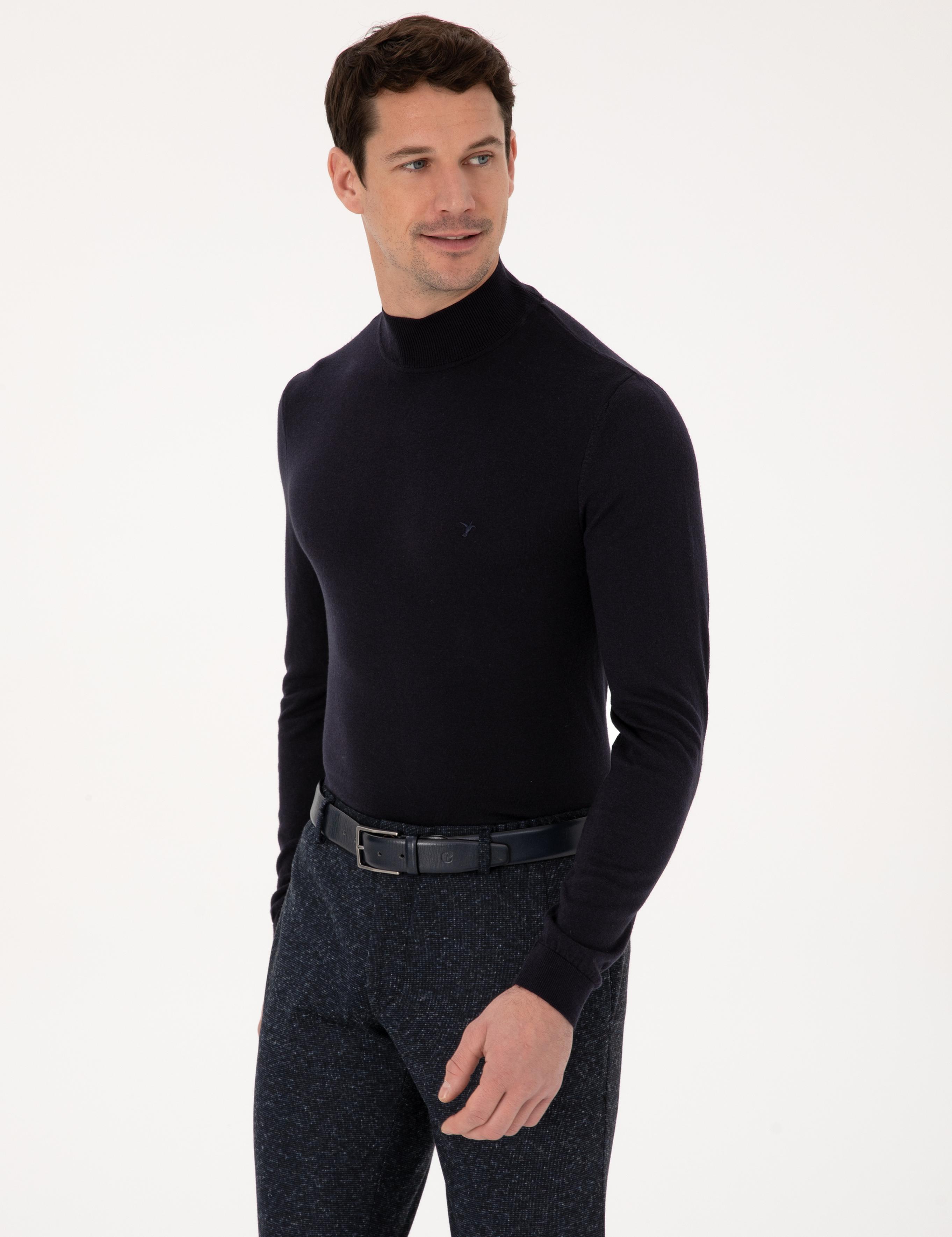 Lacivert Slim Fit Pamuk Karışımlı Yarım Balıkçı Yaka Basic Triko Kazak ...